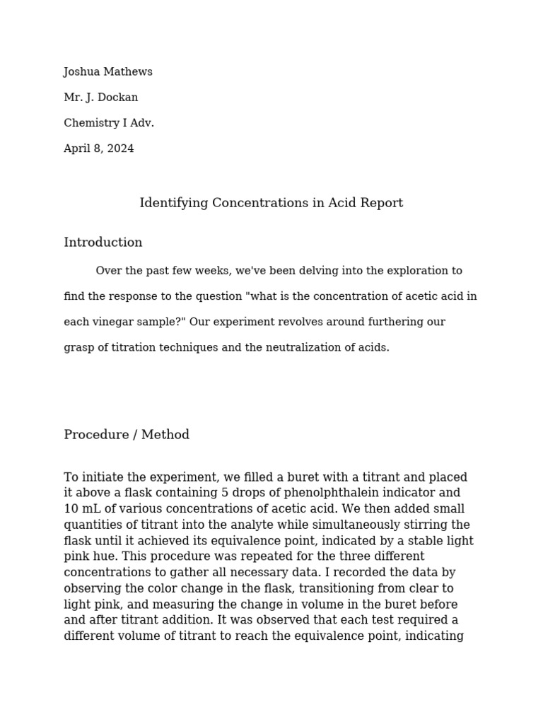 ADI Lab Report Josh Math | PDF | Titration | Chemistry