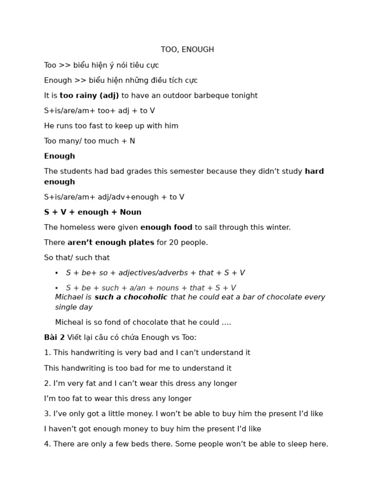 Exercises TOO, ENOUGH | PDF