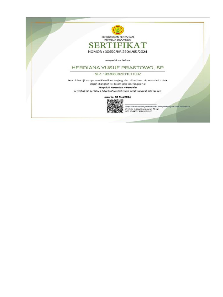 Sertifikat Uji Kompetensi Herdiana Validasi Kementan | PDF
