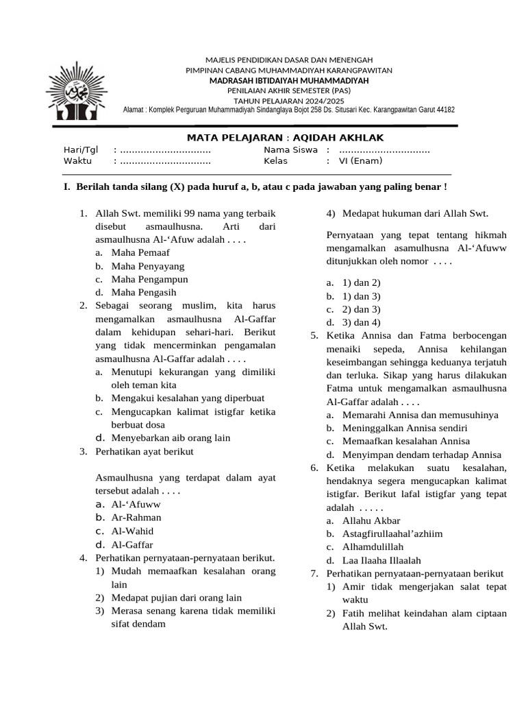 Soal PAS Akidah Akhlak Sem 1 Kelas 6 2024-2025 | PDF