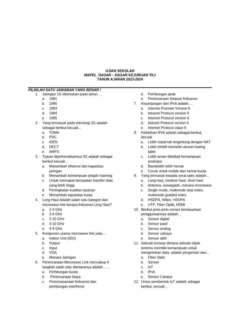 SOAL TKJ Ujian Sekolah Tahun Ajaran 2023-2024 | PDF
