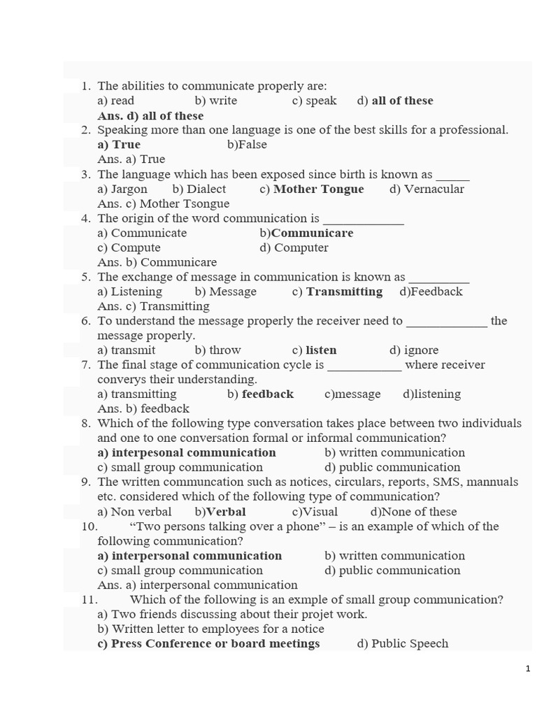 MCQs Communication Skills Term 1 | PDF | Communication | Adverb