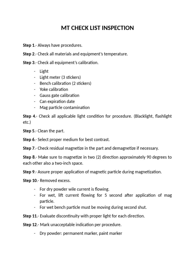 MT Inspection Checklist Guide | PDF