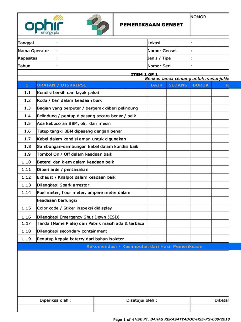 PDF Form Inspeksi Pemeriksaan Genset - Compress | PDF