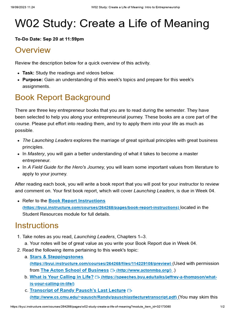 W02 Study_ Create a Life of Meaning_ Intro to Entrepreneurship | PDF | Entrepreneurship | Learning