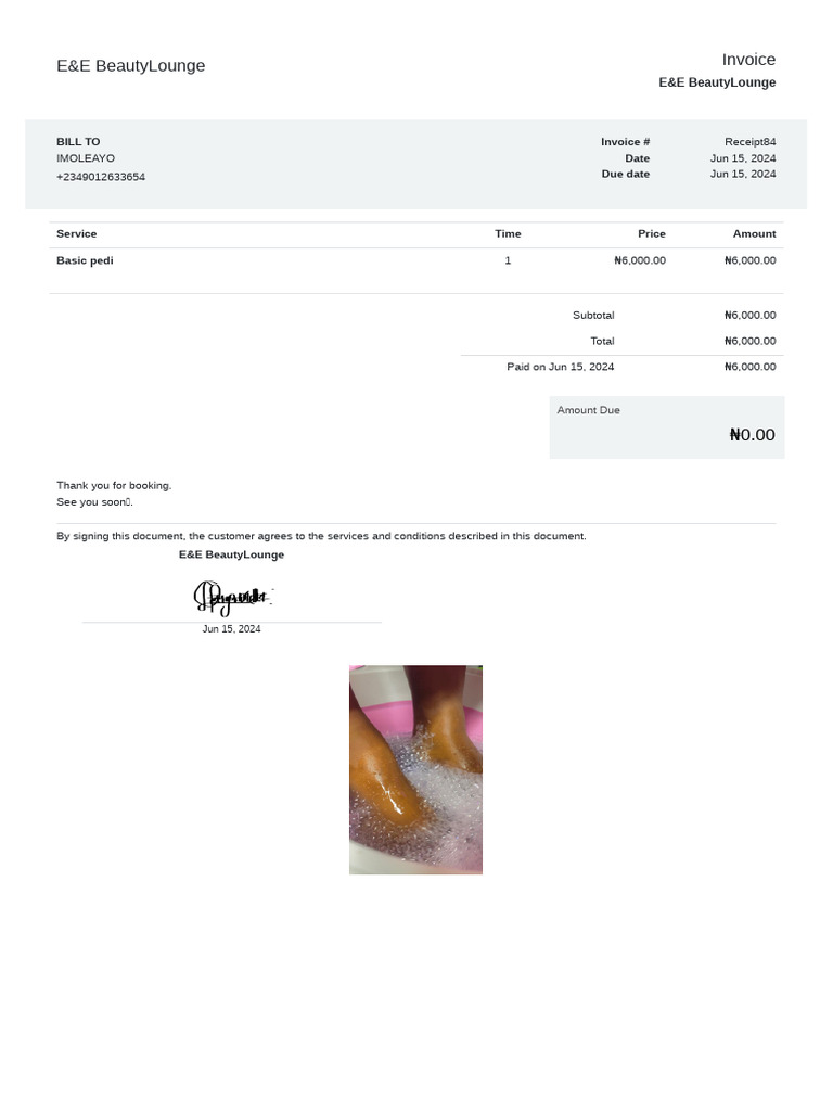 E&E BeautyLounge Invoice for Basic Pedi | PDF