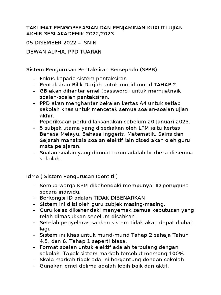 Taklimat Pengoperasian Dan Penjaminan Kualiti Ujian Akhir Sesi Akademik 2022 | PDF