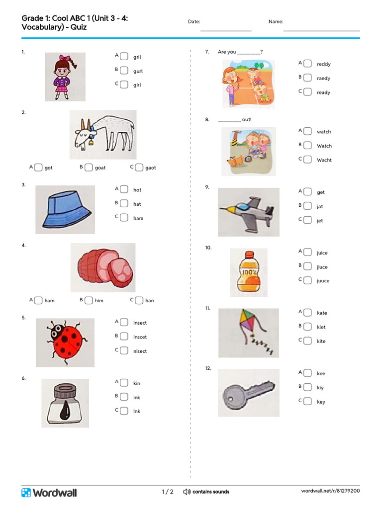 grade-1-cool-abc-1-unit-3-4-vocabulary-quiz-quiz (1) | PDF