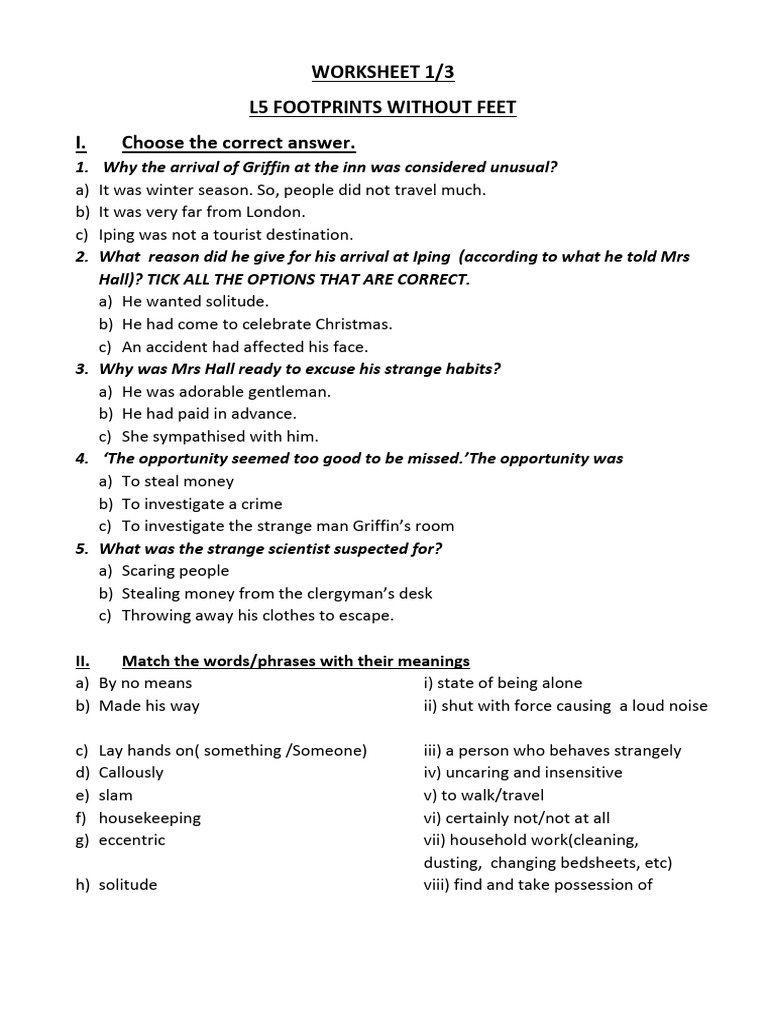 Worksheet 2 L5 Class X English Footprints Without Feet | PDF