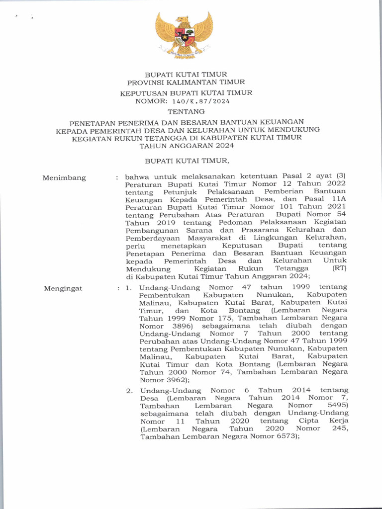 SK PENETAPAN PENERIMA & BESARAN BANKEU KEGIATAN RT TAHUN 2024 | PDF