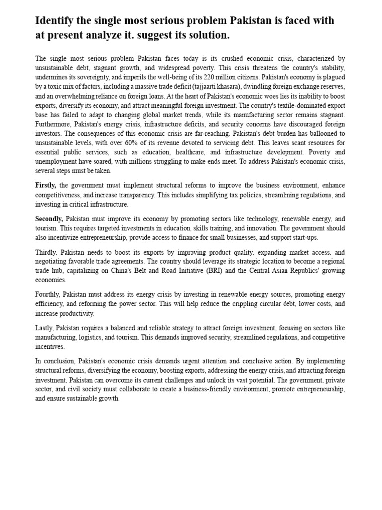 identify the single most serious problem Pakistan is faced with at ...