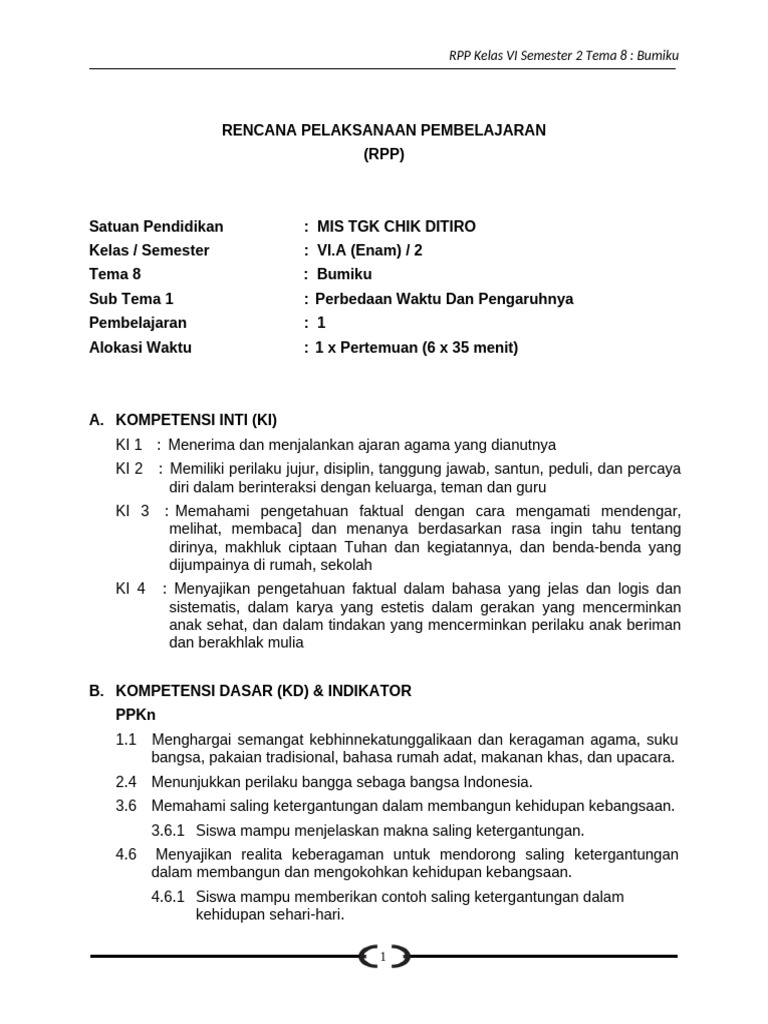 RPP Kelas 6 Tema 8 | PDF