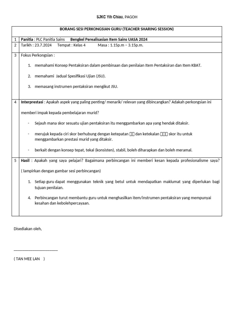Laporan PLC 2 Teacher Sharing Session SC 2 Bengke Perealisasian | PDF