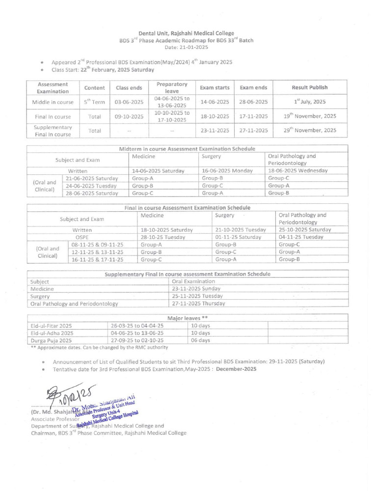 33 BDS Academic Calander 3rd Phase | PDF