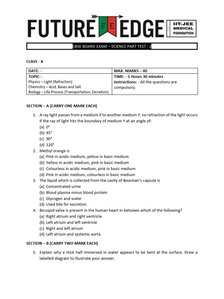 Part Test 2 - Refraction, Acid, Base and Salt, Transportation and ...