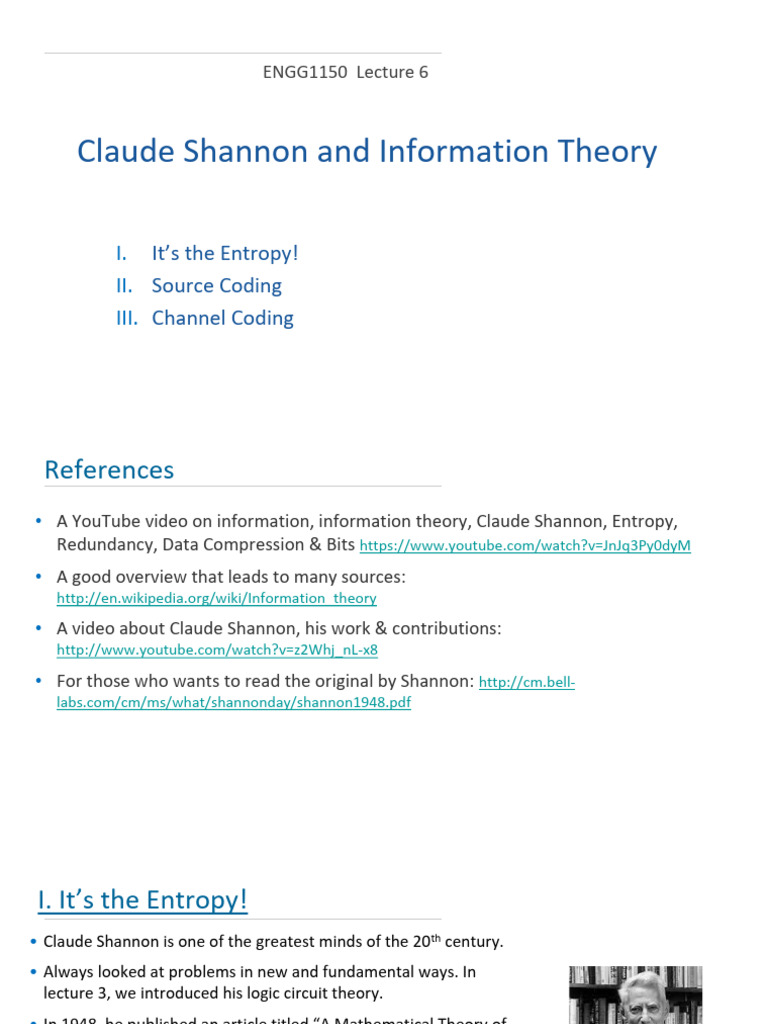 Lect-6 Claude Shannon and Information Theory | PDF | Information | Data ...