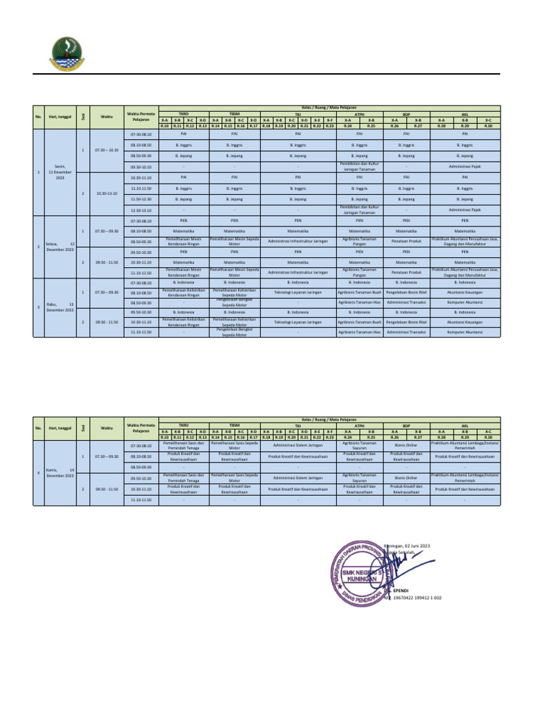 10 Jadwal Siswa dan Pengawas PAS Ganjil 2023 - Kelas XII Minggu Kedua | PDF