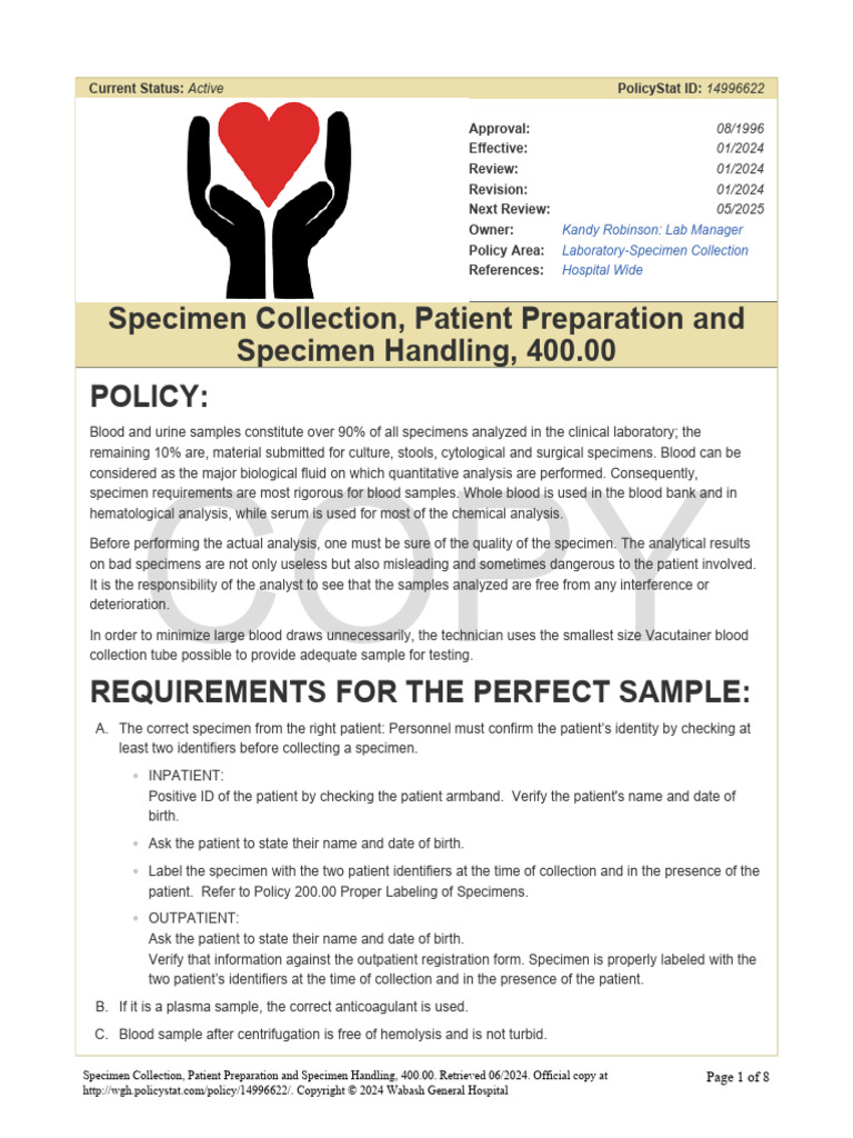 Specimen Collection Patient Preparation and Specimen Handling 400.00 ...