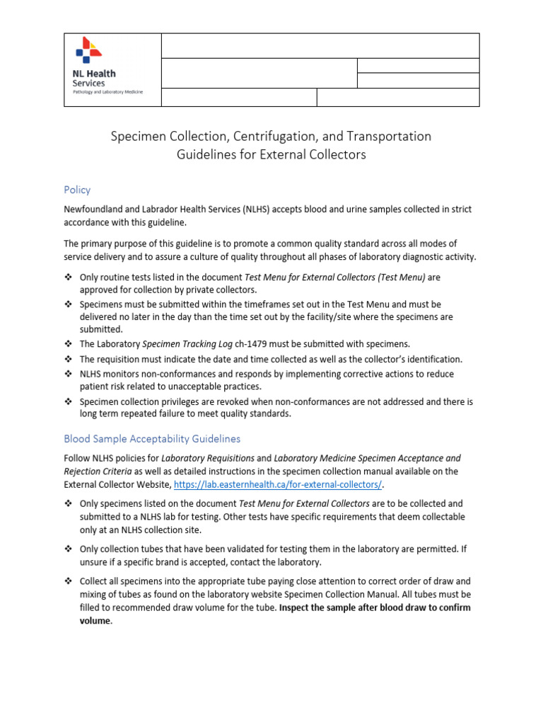 Specimen Collection Centrifugation and Transportation Guidelines ...
