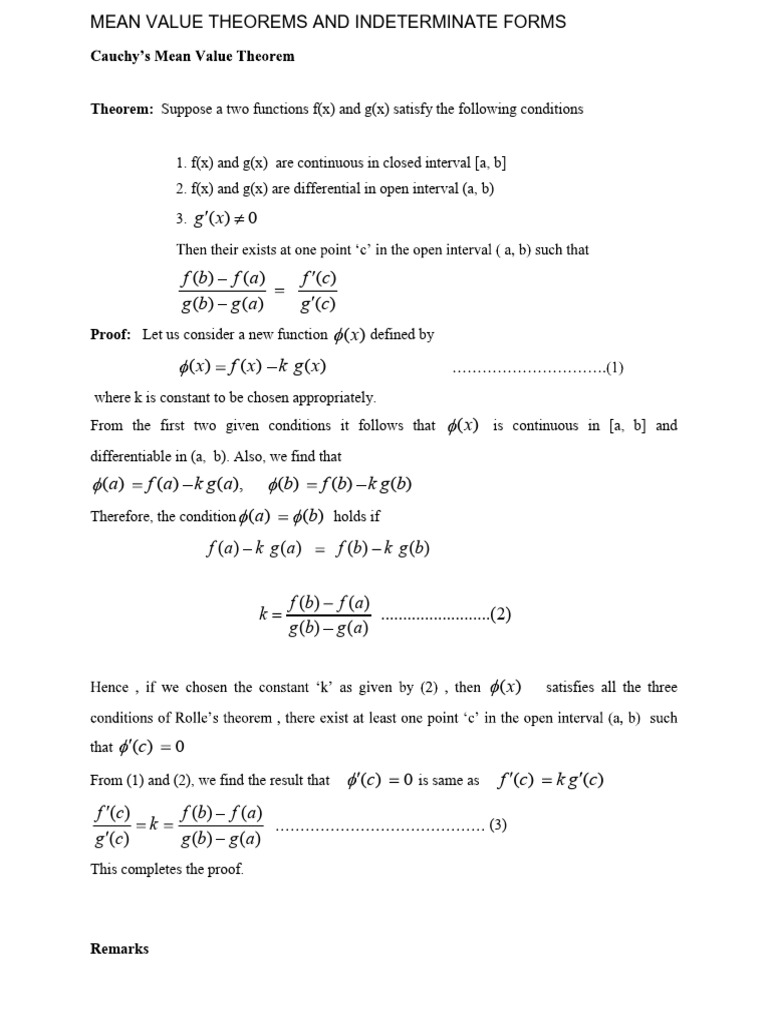 2.1 Mean Value Theorems, Indeterminate Forms | PDF | Continuous Function | Functions And Mappings