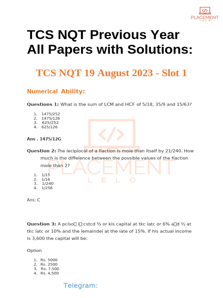 TCS NQT Previous Year Papers With Solutions by Placement Lelo | PDF