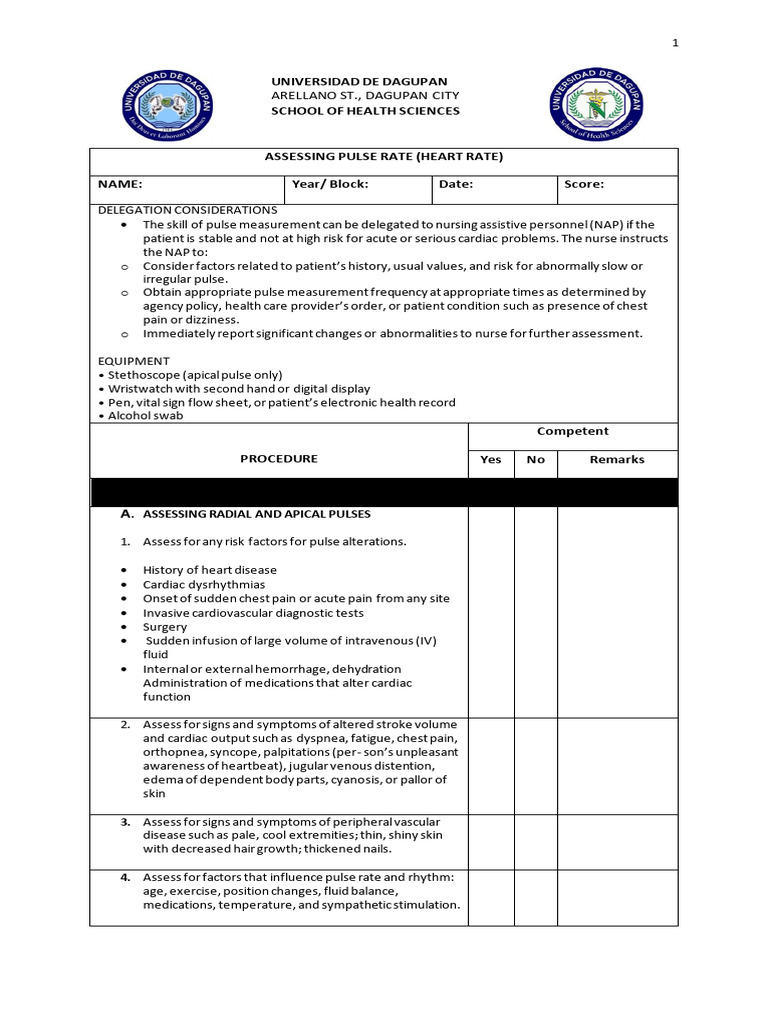 ASSESSING-PULSE-RATE-CHECKLIST-UDD-2024 | PDF | Pulse | Heart