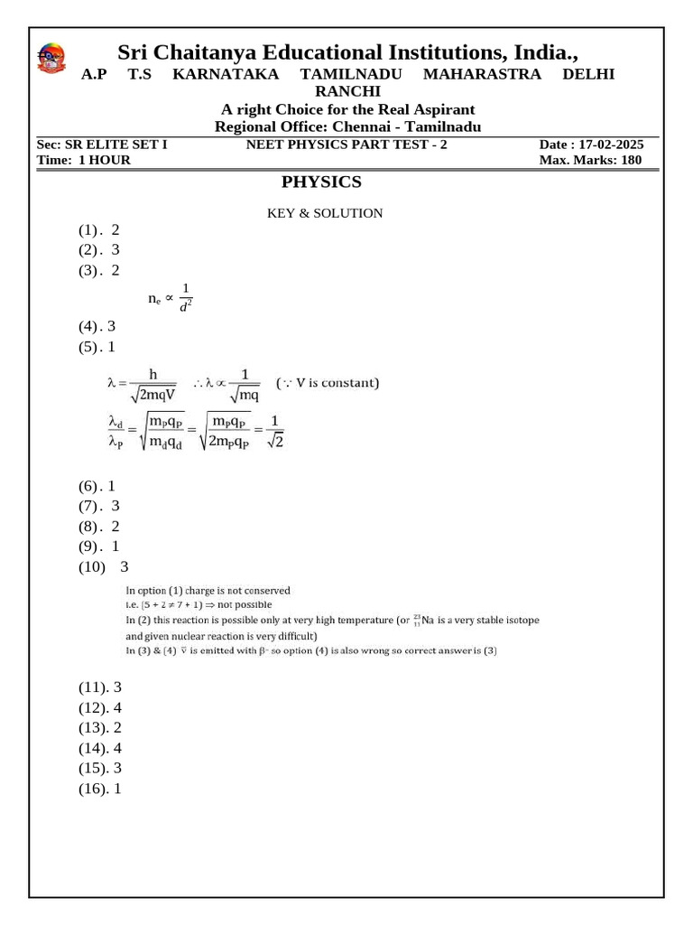 Neet Physics Part Test - 2 Key | PDF