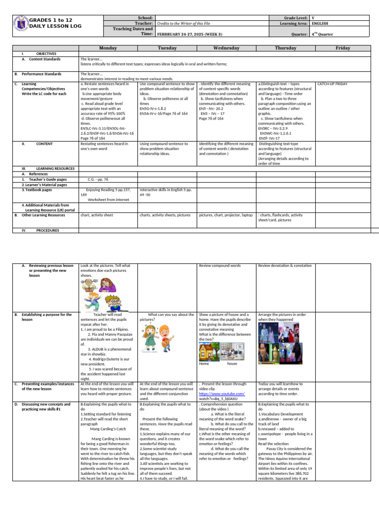Grade 5 DLL English 5 Q4 Week 3 | PDF | Reading Comprehension