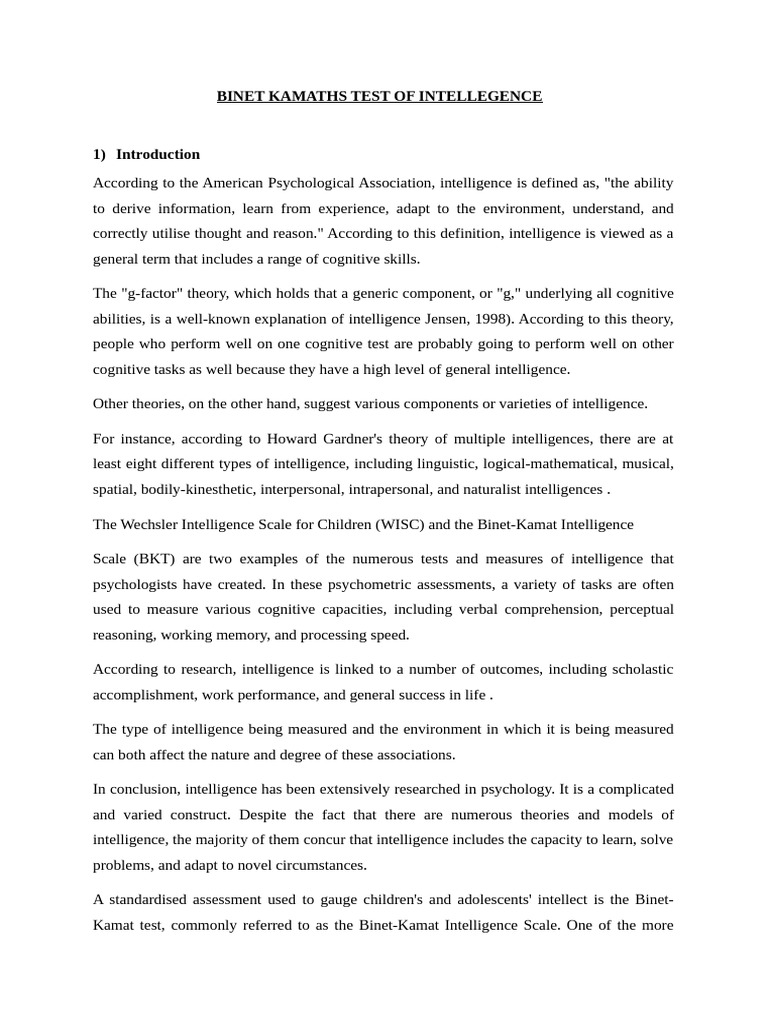 Binet-Kamat Intelligence Test Overview | PDF | Intelligence Quotient ...