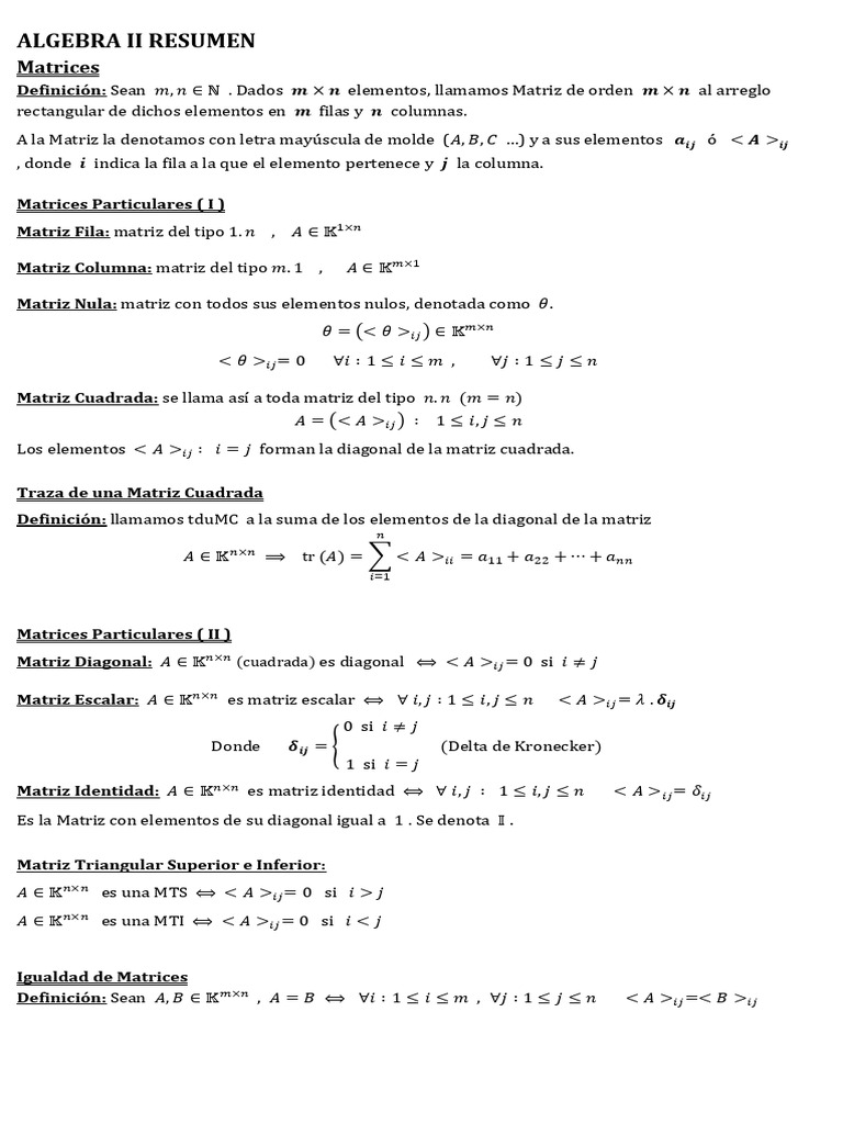 Resumen de Álgebra II: Matrices y Operaciones | PDF | Matriz ...