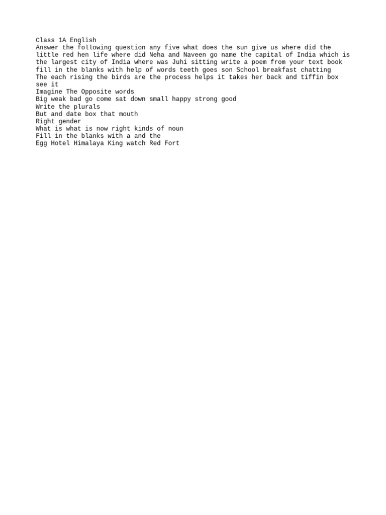 Class 1A English Language Exercises | PDF