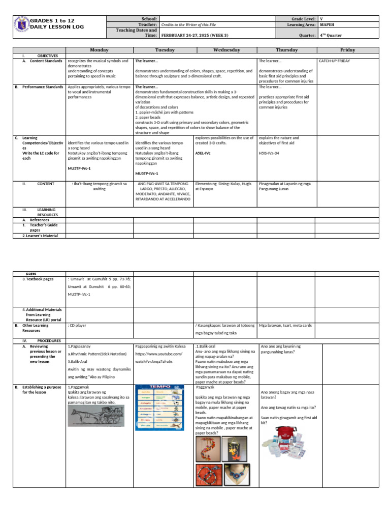 Grade 5 DLL MAPEH 5 Q4 Week 3 | PDF