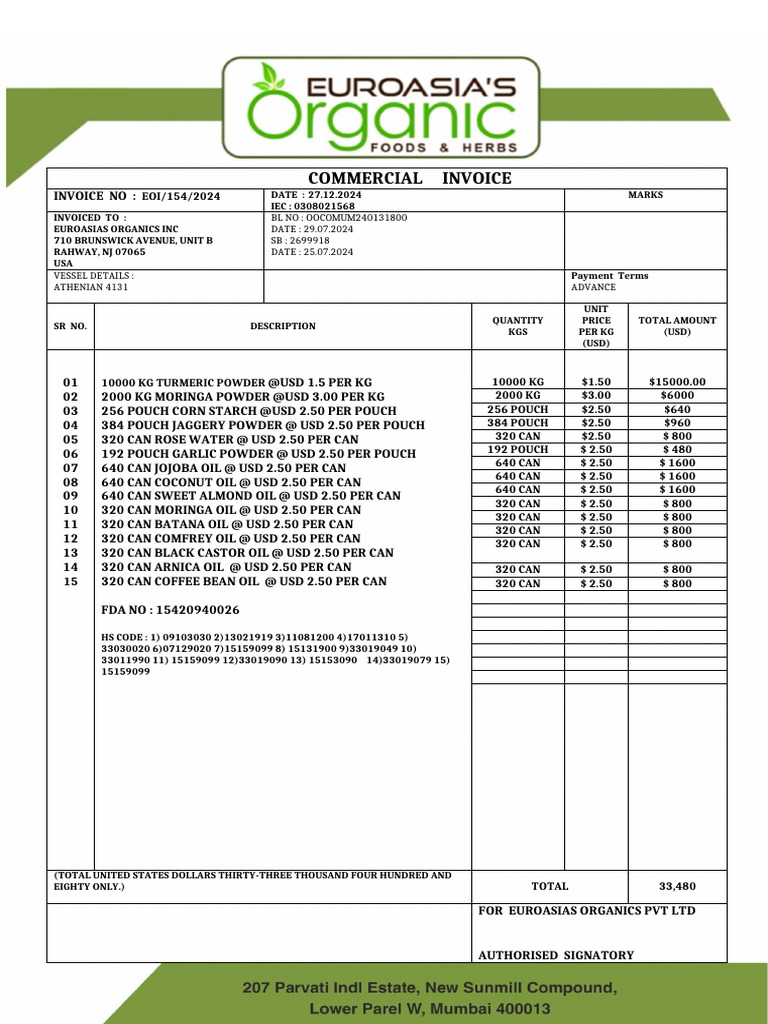 Commercial Invoice - Eoi 154 | PDF