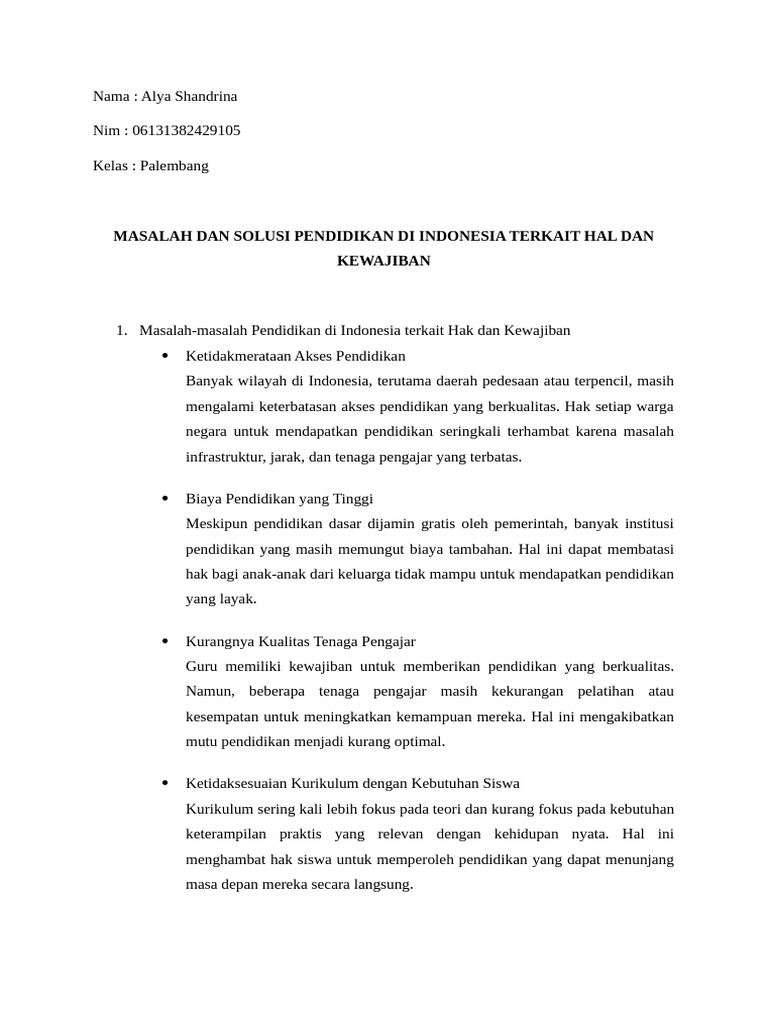 Masalah Dan Solusi Pendidikan Di Indonesia Terkait Hal Dan Kewajiban | PDF
