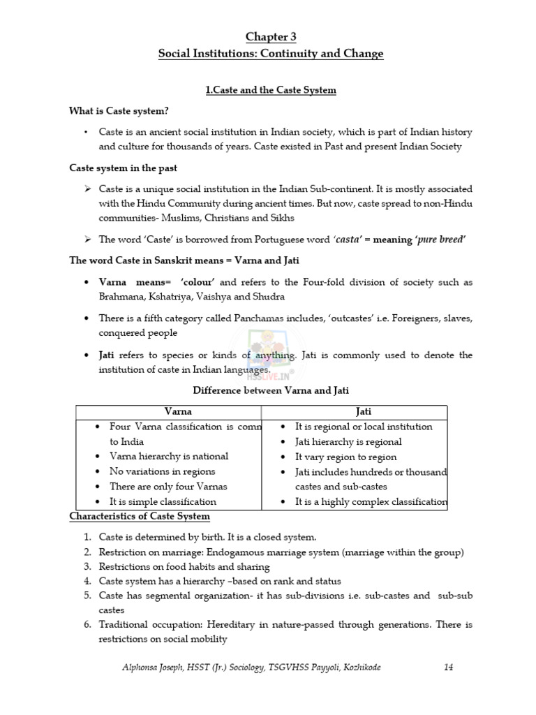 Sociology Chapter 3 Short Notes | PDF | Caste | Family