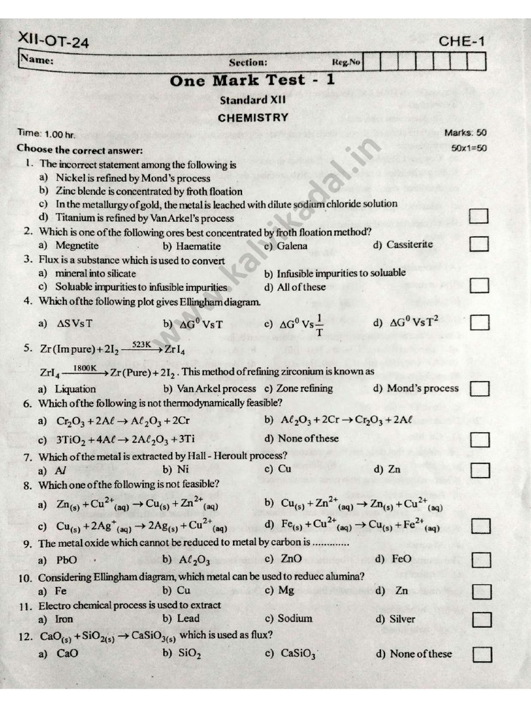12th Chemistry One Mark Test Question Bank EM 2025 | PDF