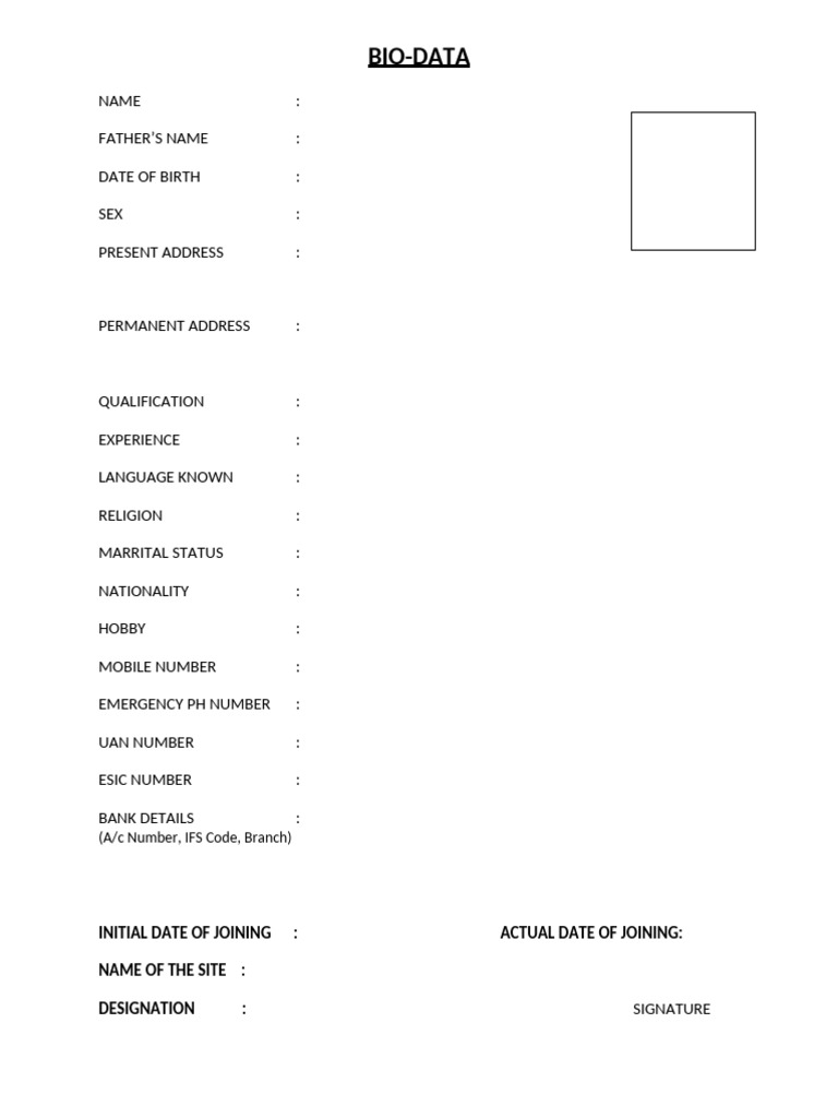Bio Data Template for Personal Details | PDF