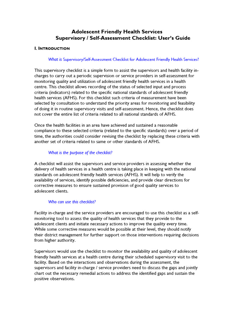 Afhs Checklist User and Supervisor Guide Who Searo | PDF | Safe Sex | Birth Control