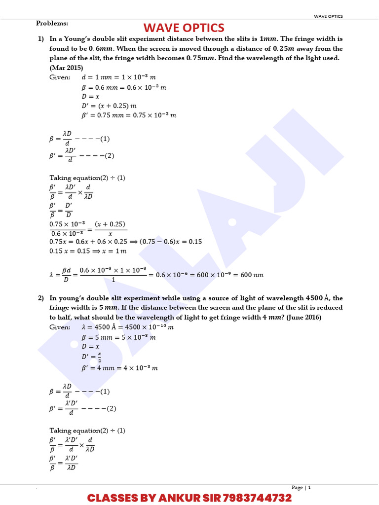 physics numerical problems board exams chap- (8) | PDF | Wavelength | Diffraction