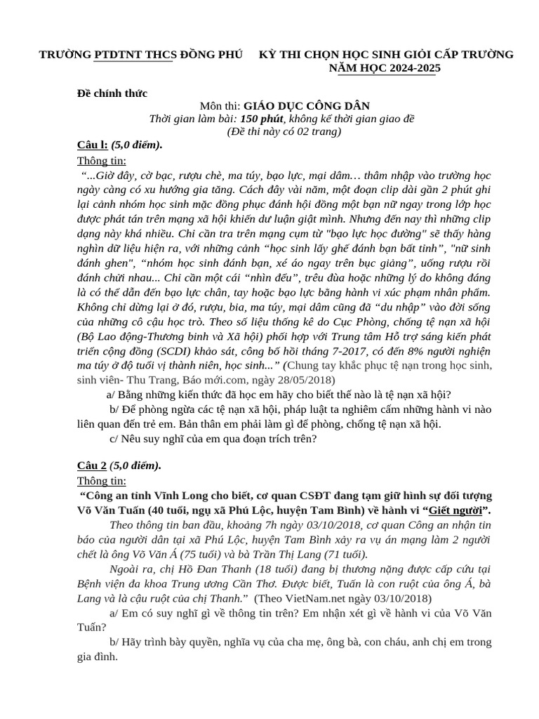 ĐỀ THI HSG TRƯỜNG GDCD 24-25 | PDF