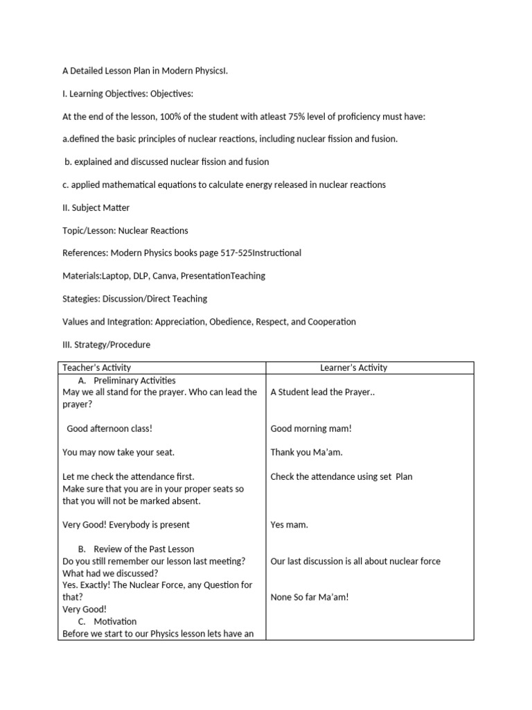 A Detailed Lesson Plan in Modern PhysicsI | PDF | Nuclear Physics ...