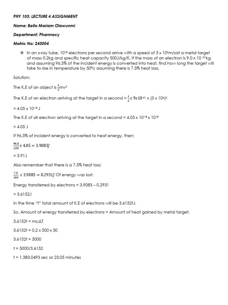 Phy 103 Lecture 4 Assignment Answer | PDF