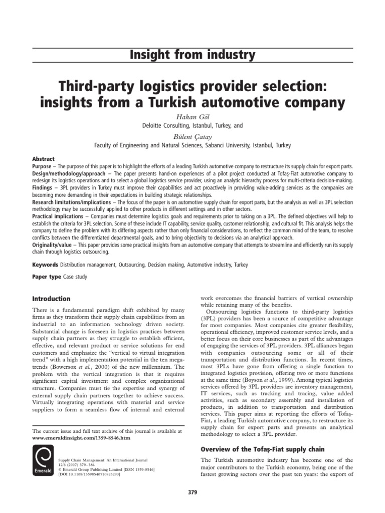 Third-Party Logistics Provider Selection | PDF | Logistics | Supply Chain