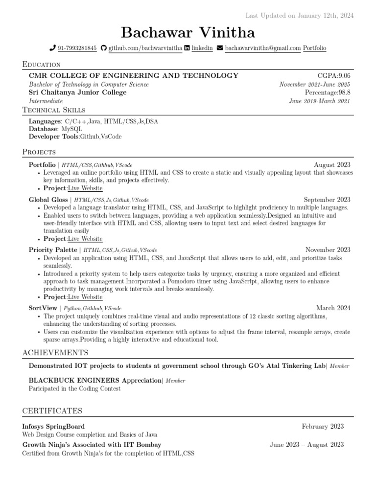 VINITHA_BACHAWAR_CVf2 | PDF | Web Design | Java Script