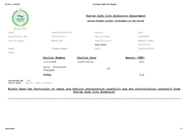 E-Challan (Safe City) Receipt | PDF