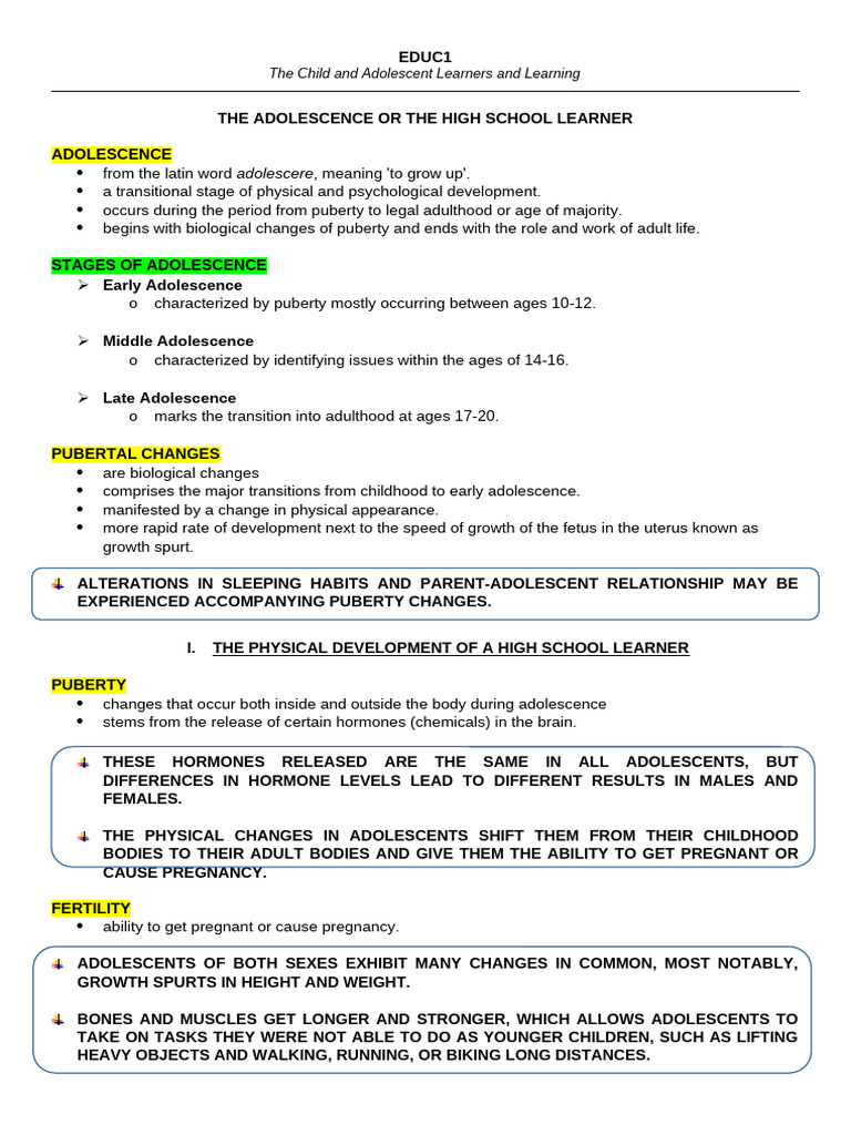 THE ADOLESCENCE OR THE HIGH SCHOOL LEARNER | PDF | Adolescence | Puberty