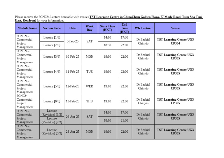 Schedule of Lectures | PDF
