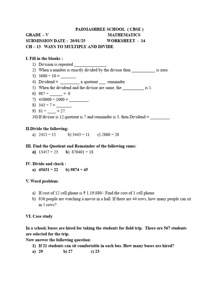 Grade V Math Worksheet: Division & Multiplication | PDF