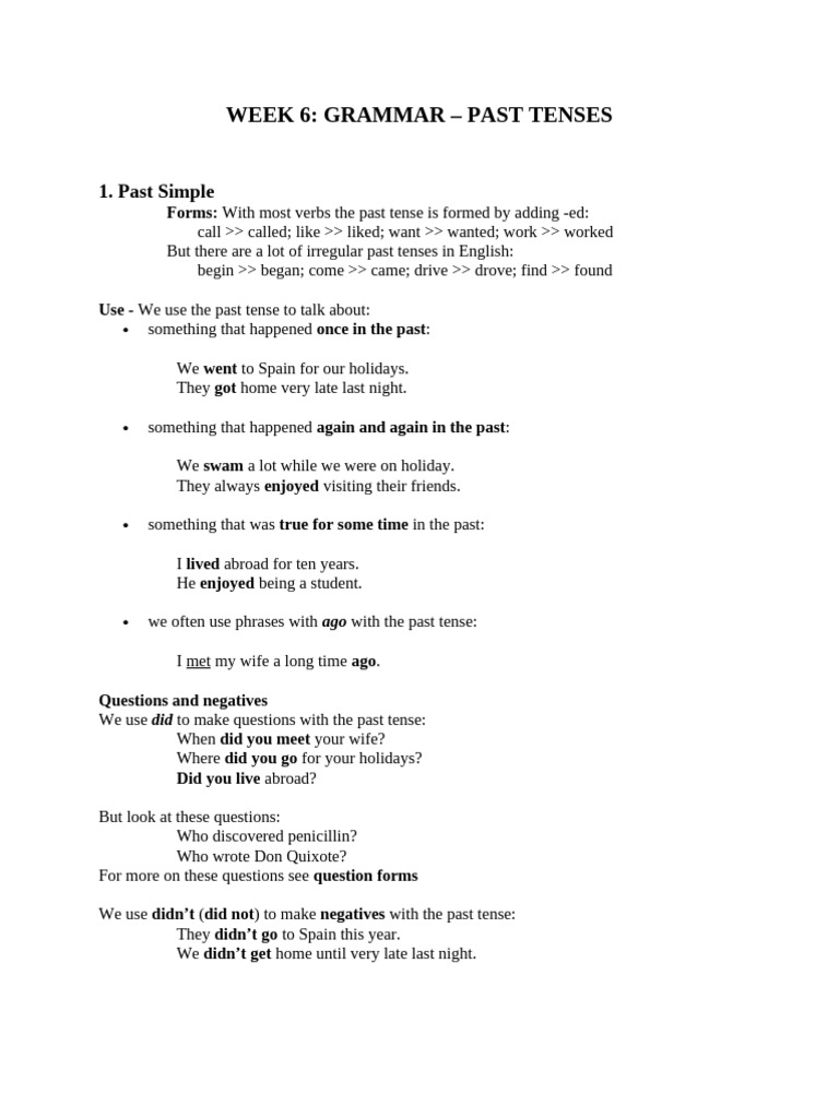 Past Tenses: Usage and Exercises | PDF | Perfect (Grammar ...