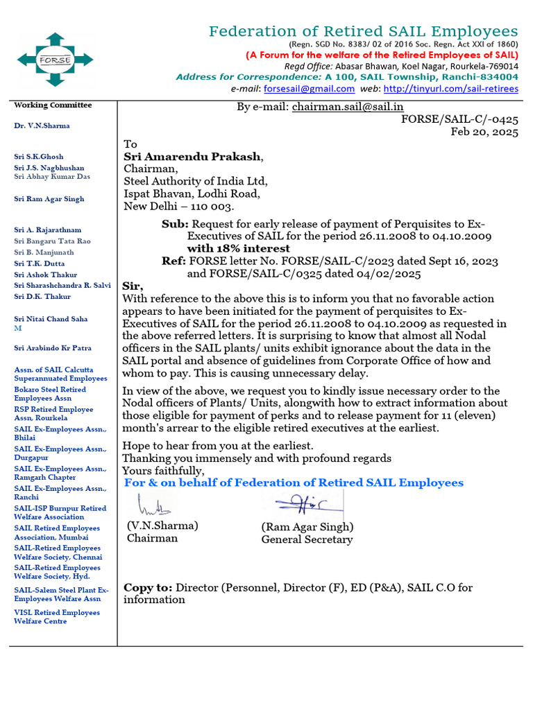 FORSE Letter To SAIL Chairman Re Payment of 11 Months Perks To SAIL Ex ...